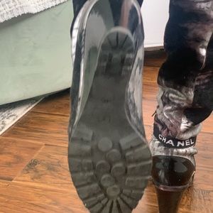 CHANEL | Shoes | Chanel Black And Silver Wedge Pony Skin Boots | Poshmark